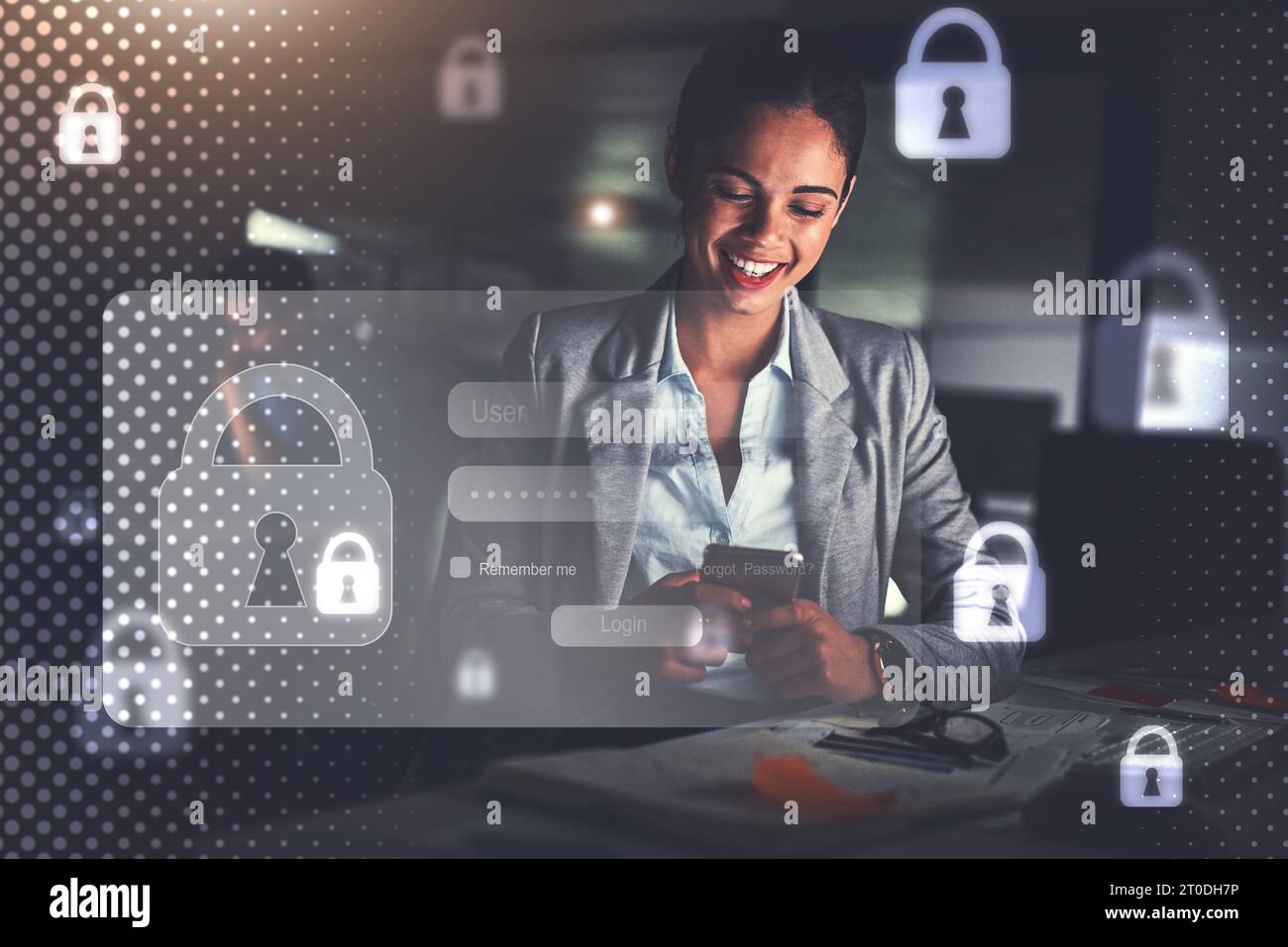 Business woman, lock hologram and cyber security for web, phone and pin on mobile app for ...