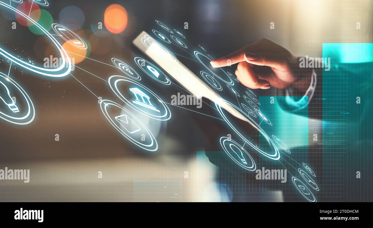Business person, hand and digital hologram at night of UI, HUD or ...