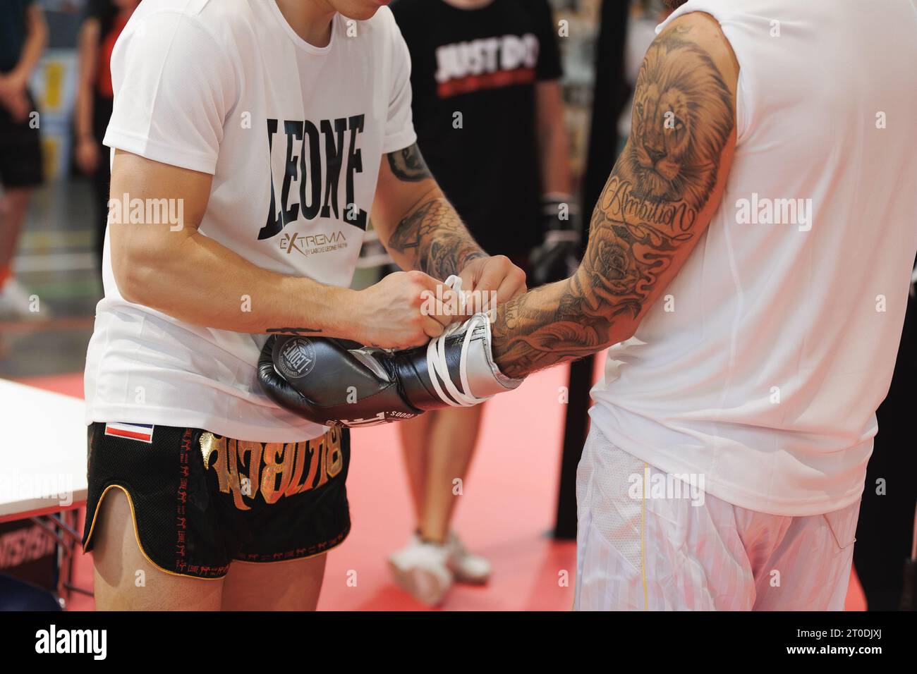 Boy Helping a Boxer Tighten Boxing Glove Laces Stock Photo - Alamy
