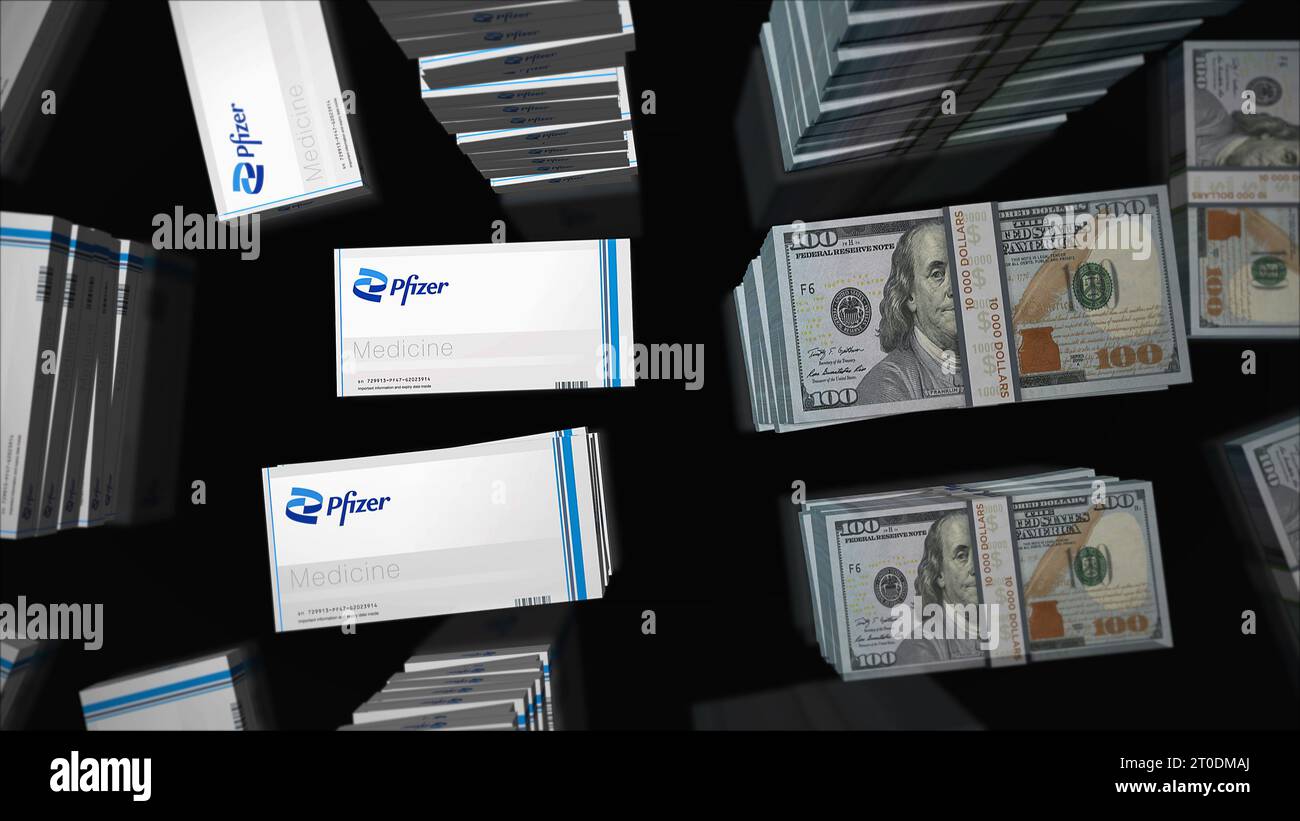Pfizer tablets box and US Dollar money bundle stacks. Pills pack ...