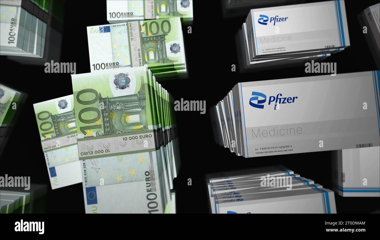 Pfizer tablets box and Euro money bundle stacks. Pills pack production ...