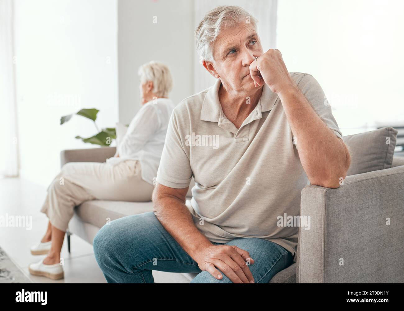 Ignore, elderly couple and divorce on sofa in home living room for ...