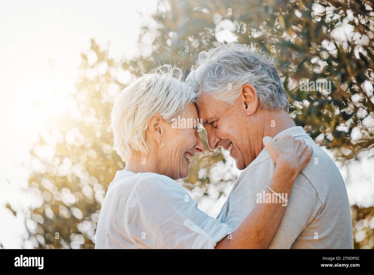 Senior Couple Forehead Or Hug In Nature Garden For Love Support Or