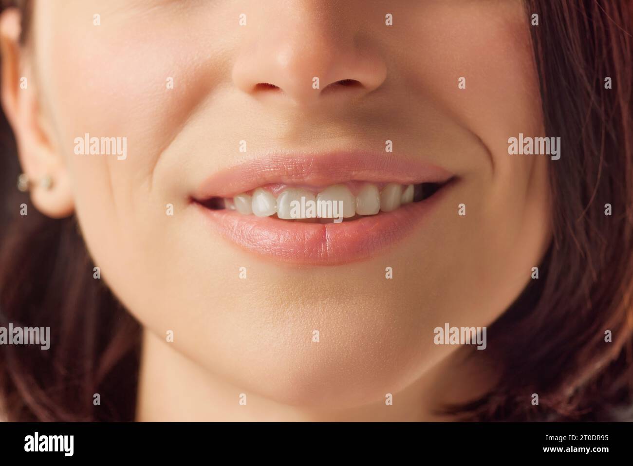 Close up cropped photo of young smiling with teeth female face, lips ...