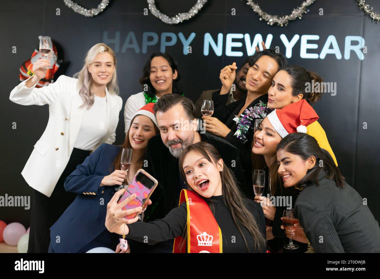Let's take a selfie !! A group of diverse business people and ...