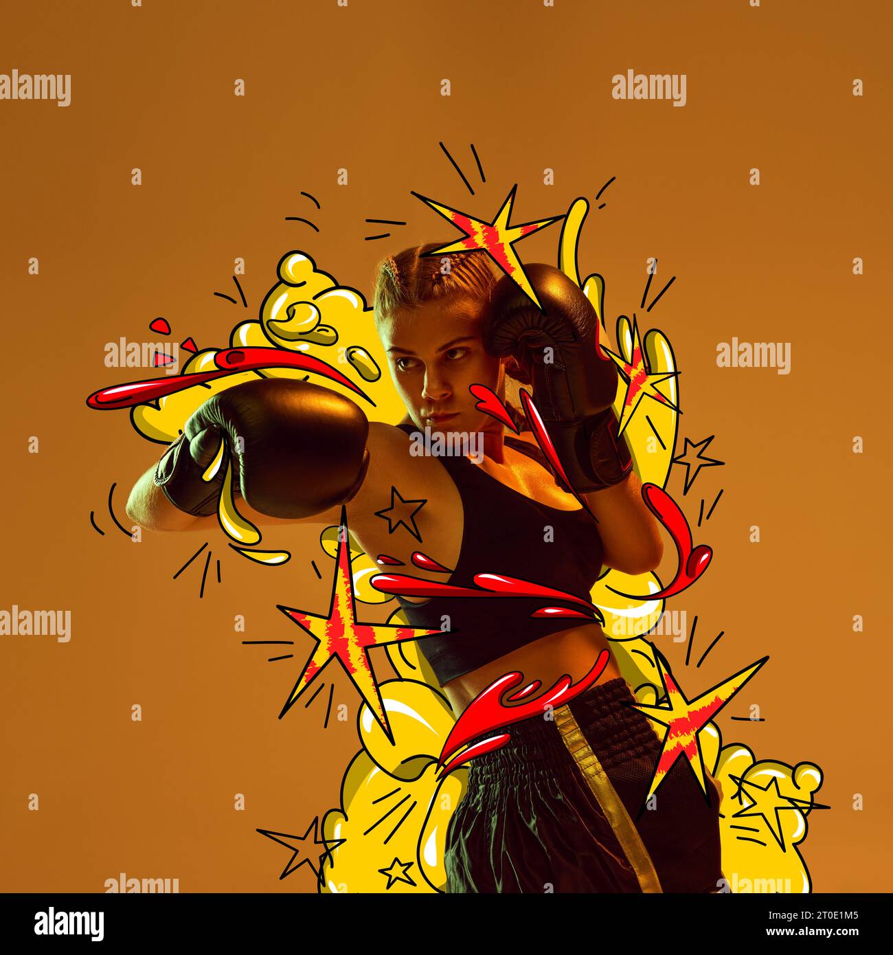 Teen girl, mma athlete in motion, training, fighting over orange ...