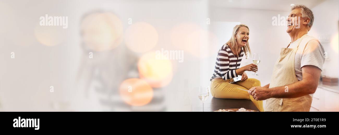 Laughing, double exposure and couple in kitchen with cooking, love and ...