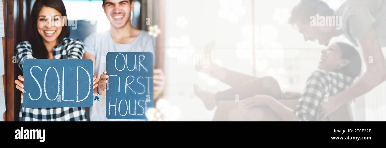 Real estate, overlay and a couple holding a sold sign together in their ...