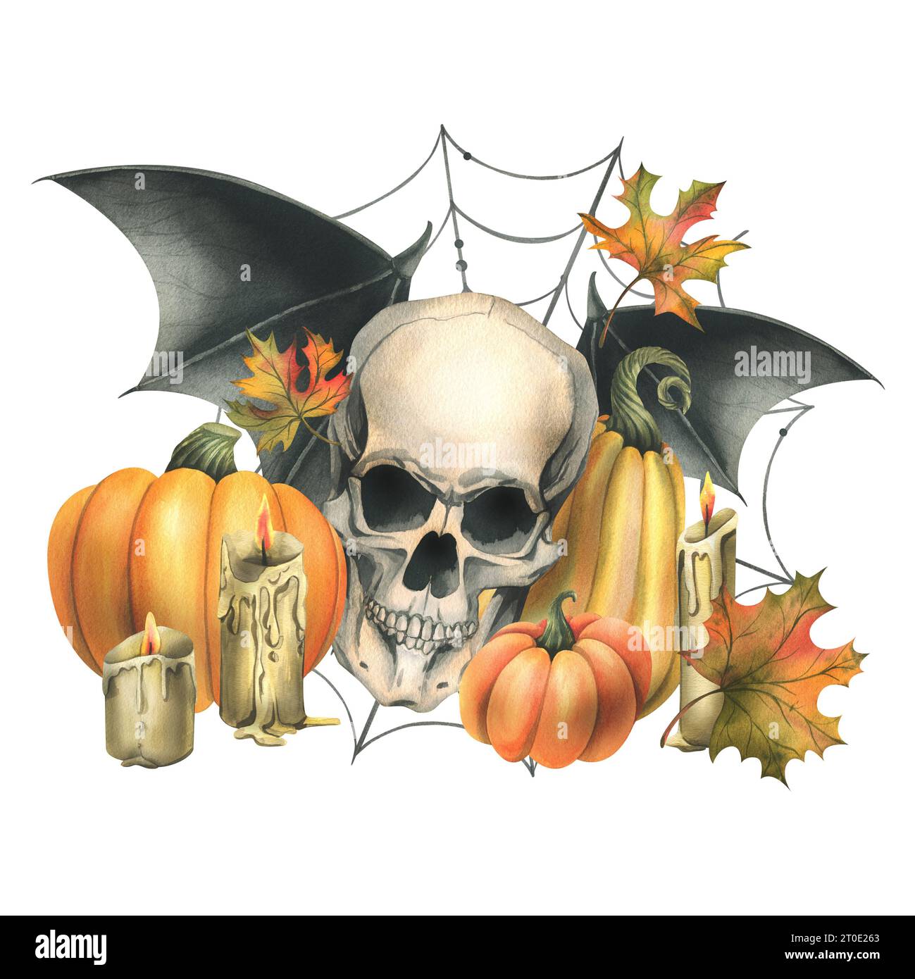 Human skull with bat wings, orange pumpkins, cobwebs, candles and ...