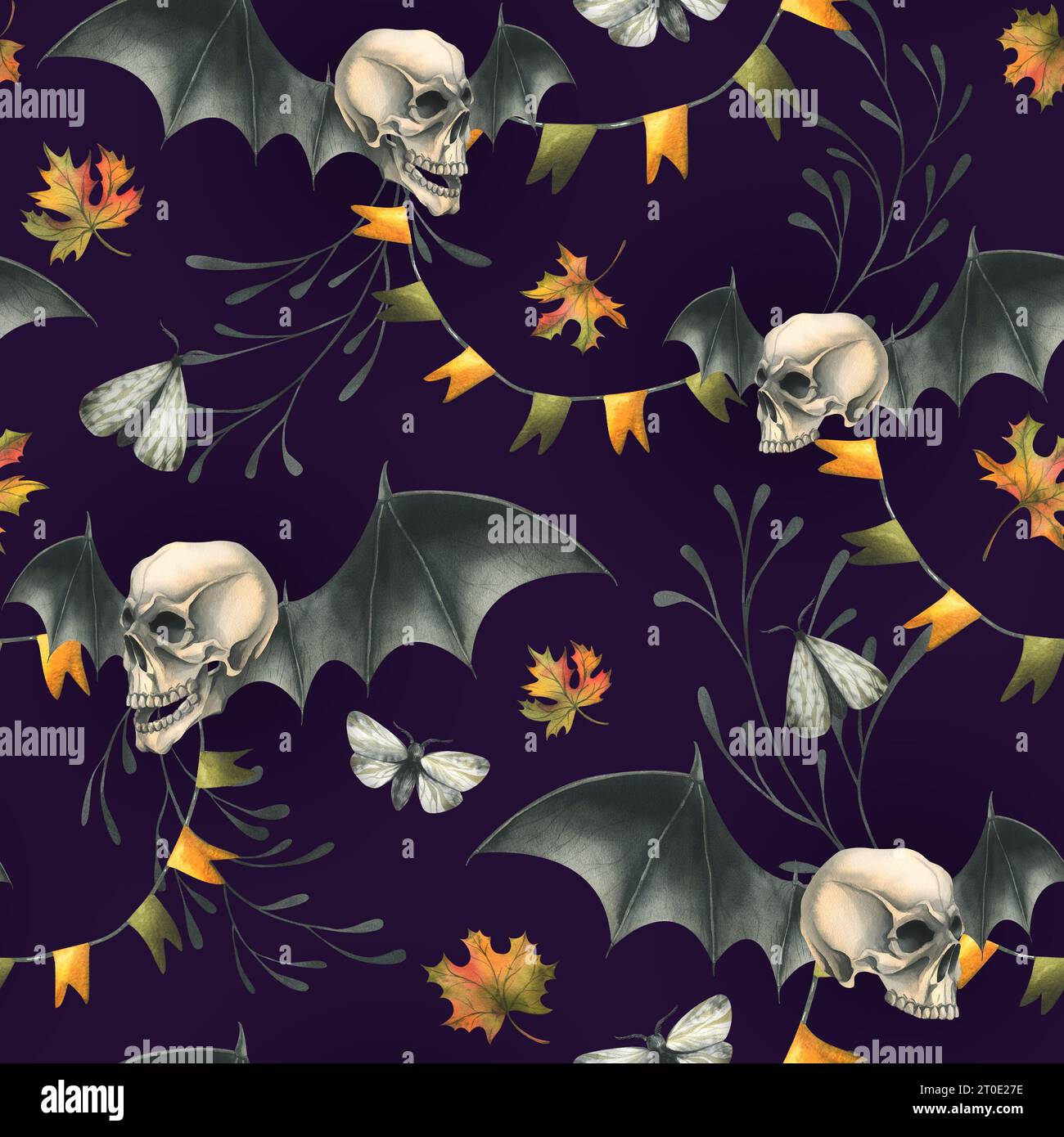 Human skulls with bat wings, branches, moths, garlands of flags and ...