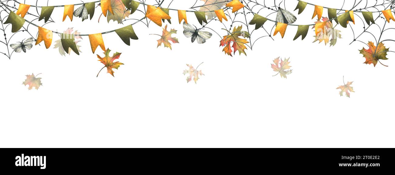 Garlands with flags in green and orange with falling autumn leaves ...