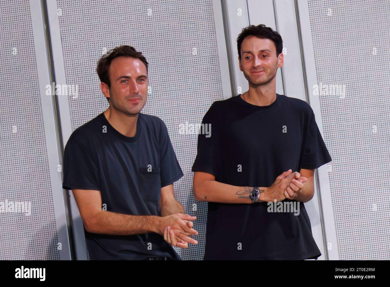 Designers Sebastien Meyer and Arnaud Vaillant acknowledge applause following the Coperni Spring ...