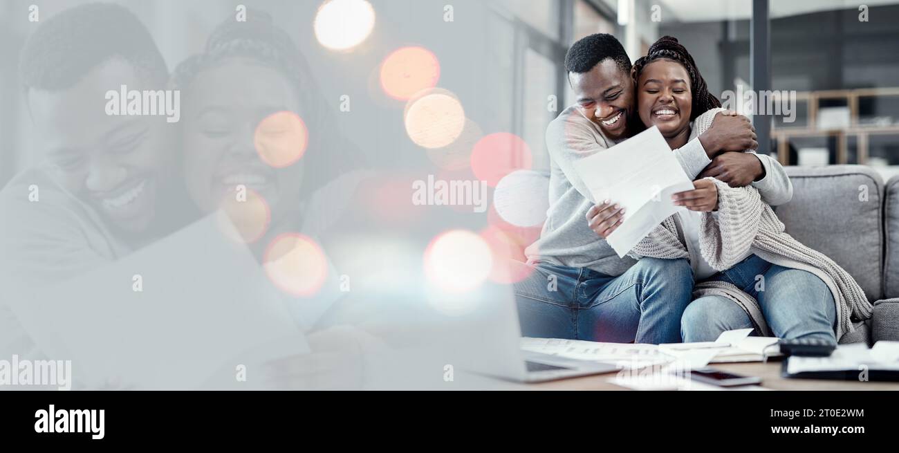 Couple, documents and hug for home budget, financial success or loan ...