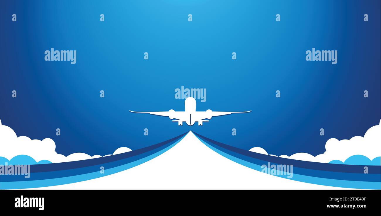 White plane in the blue sky rises flying above the clouds. Vector ...