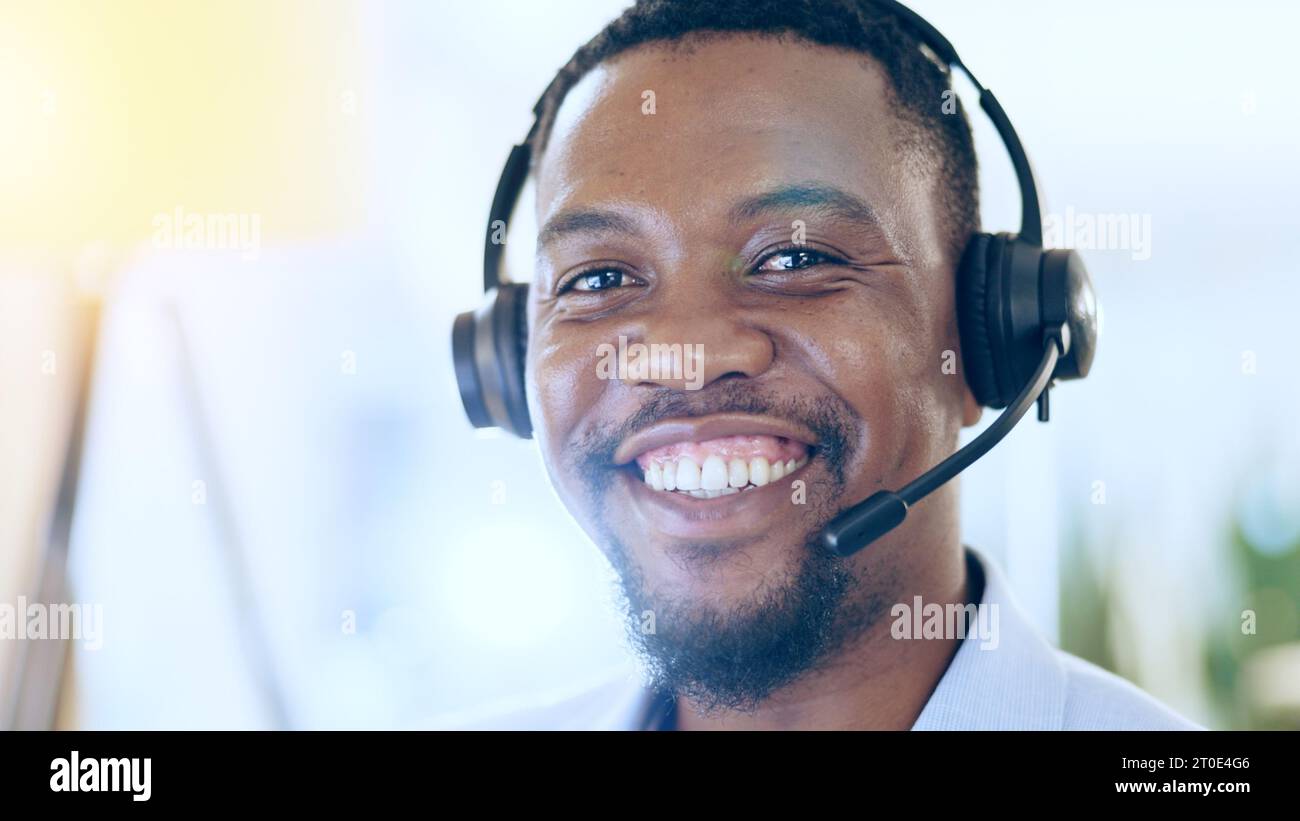 Portrait, call center and smile of black man in telemarketing, support ...