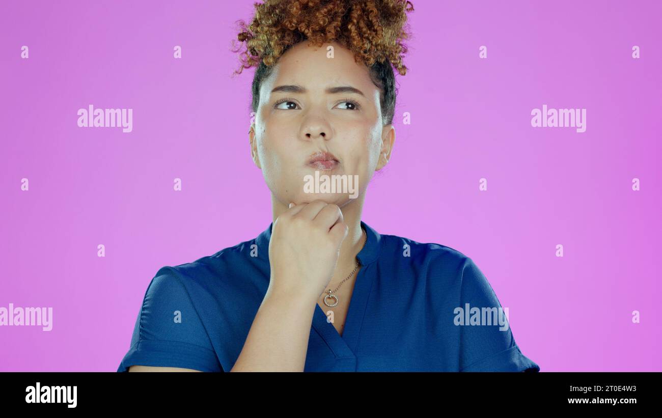 Woman, thinking and doubt for decision, idea and concept with question ...