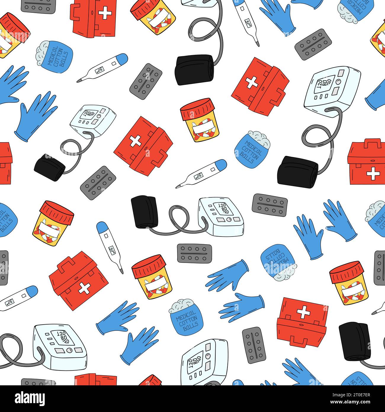 Seamless medical pattern with thermometer, medical gloves, tablets ...