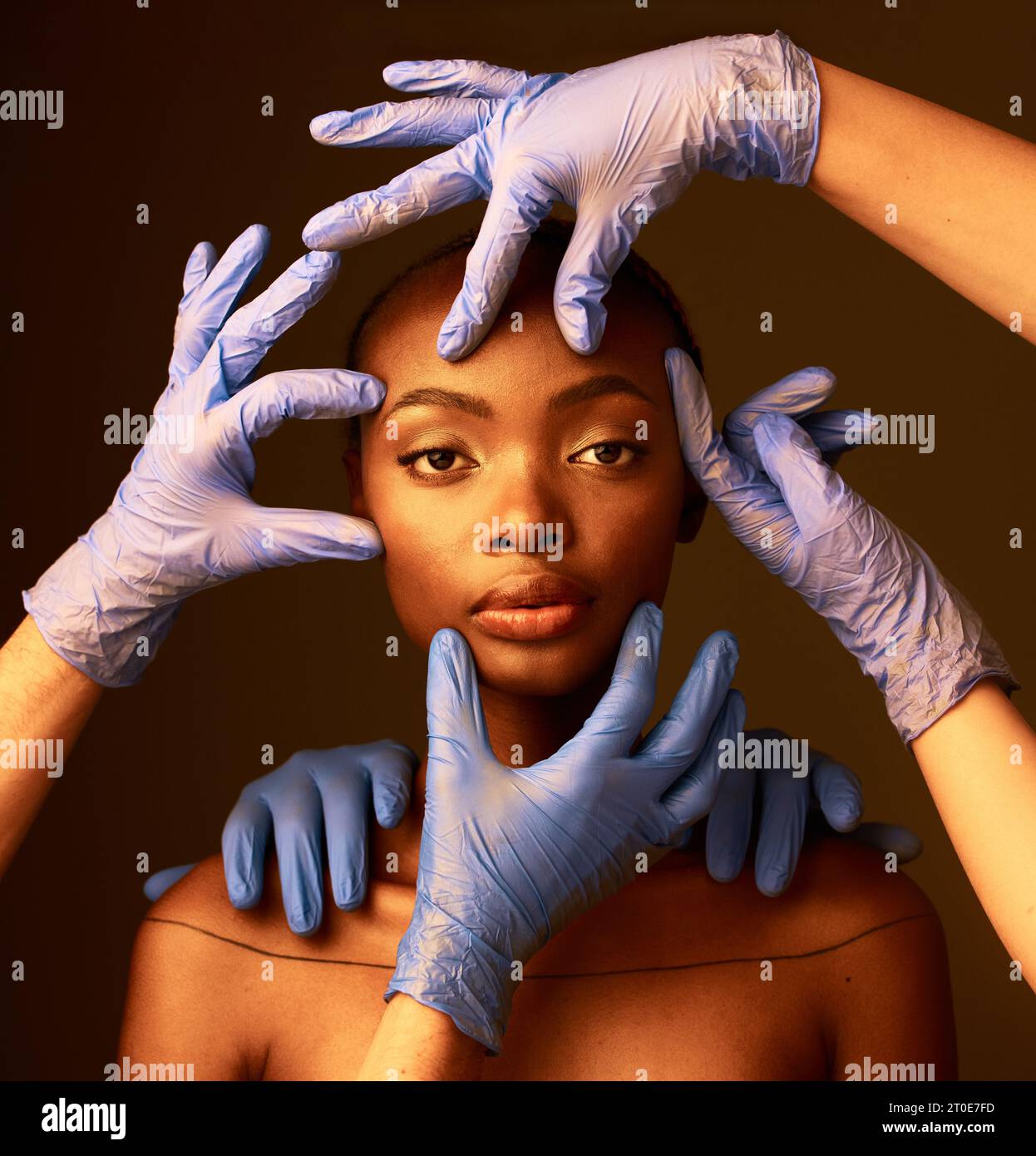 Portrait, hands and plastic surgery on face of a black woman in studio ...