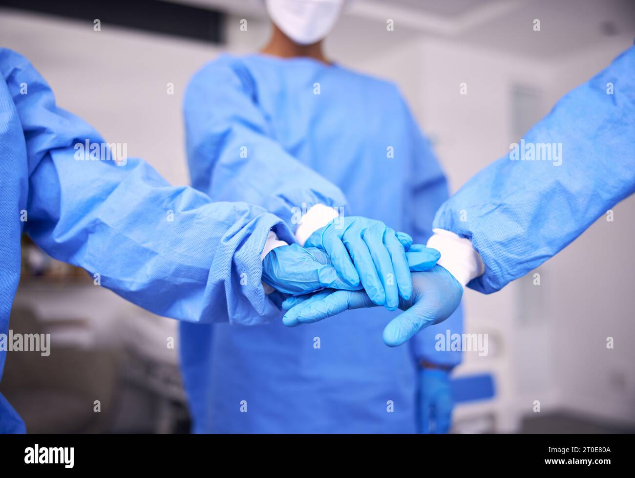 Doctor, team and hands together for motivation, collaboration or unity ...