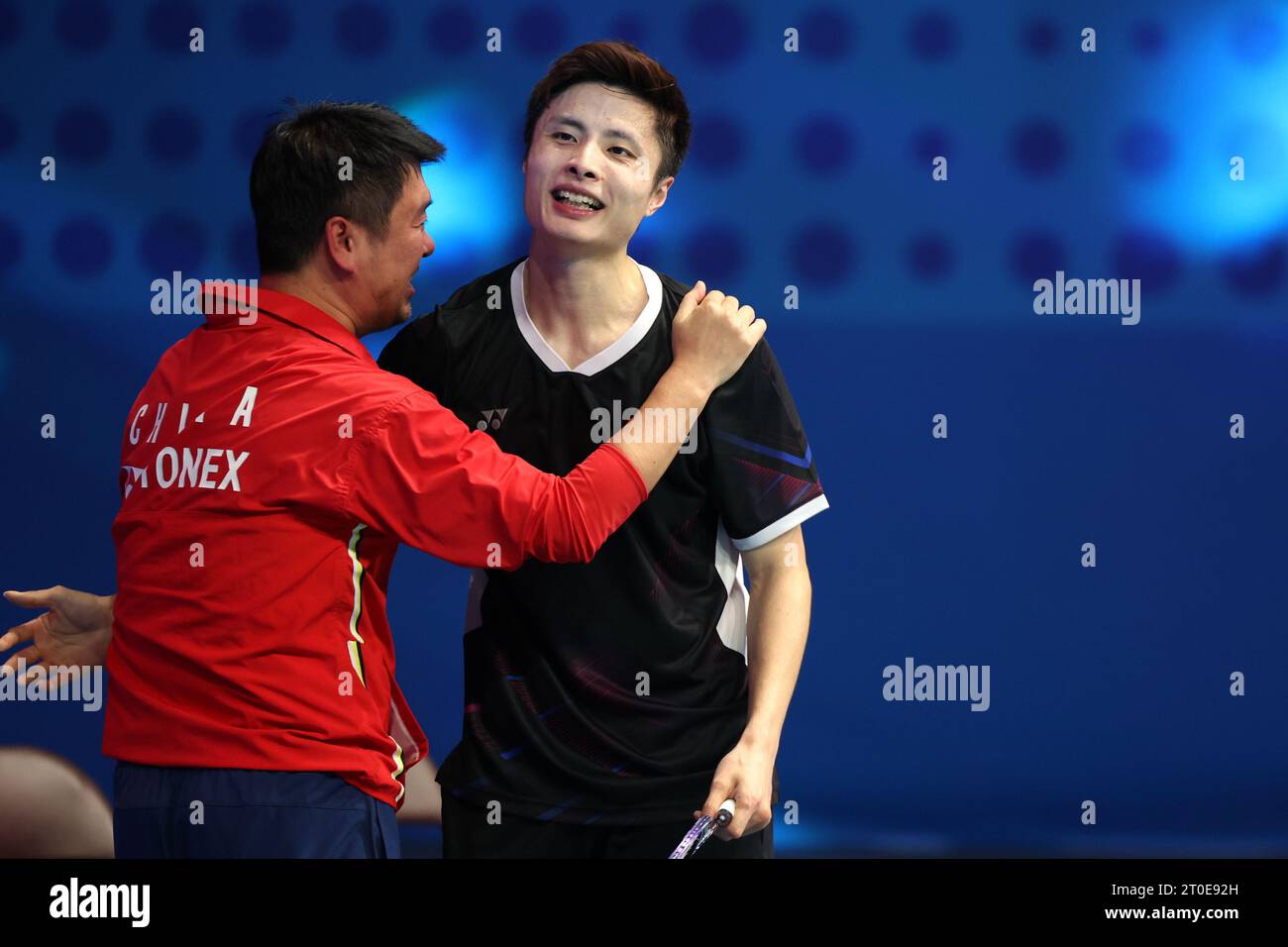 Hangzhou, China's Zhejiang Province. 6th Oct, 2023. Shi Yuqi (R) of ...
