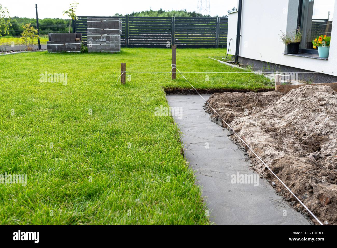 Foundation footings poured in a ditch in the yard, building a terrace ...