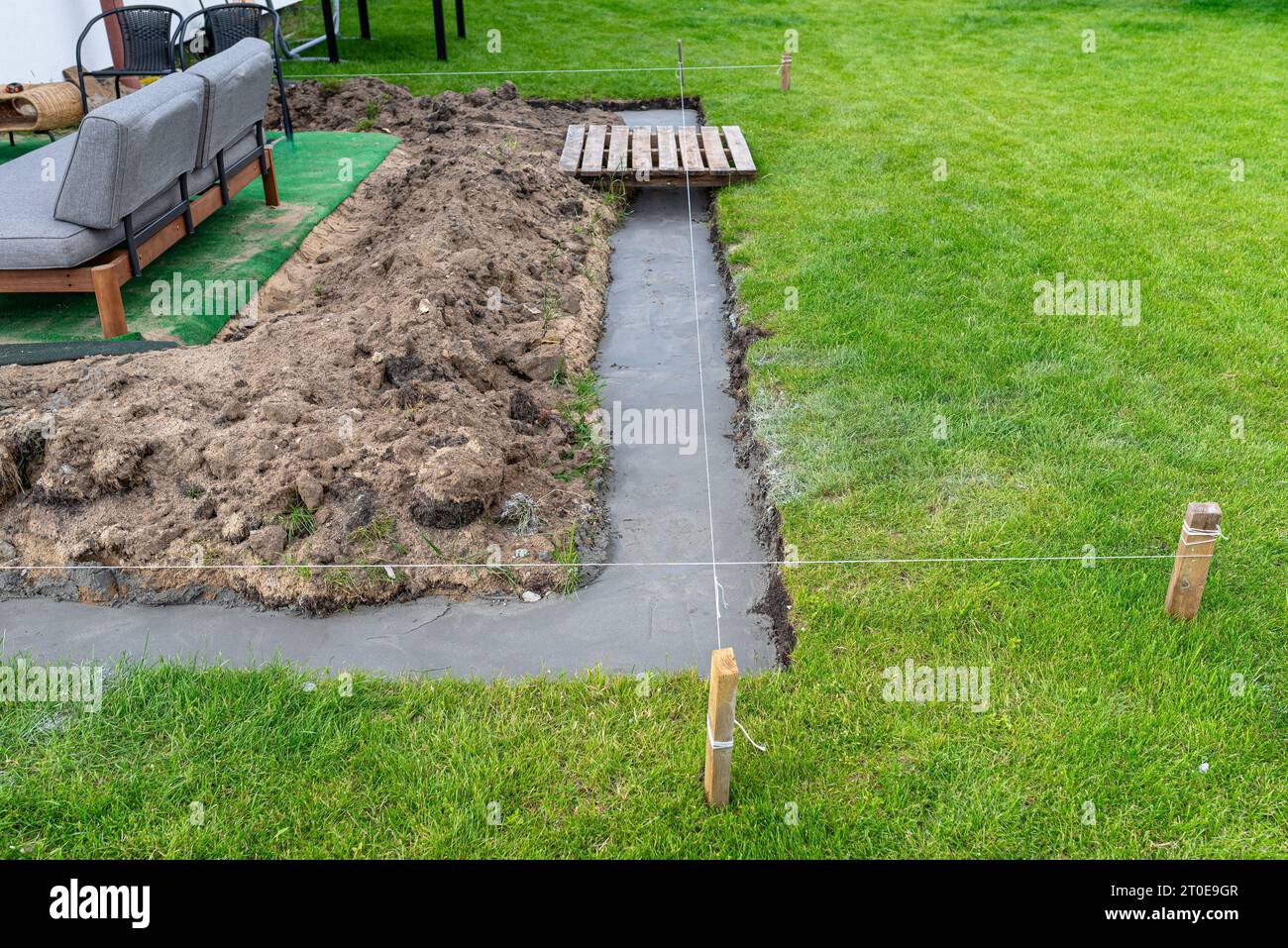 Foundation footings poured in a ditch in the yard, building a terrace ...