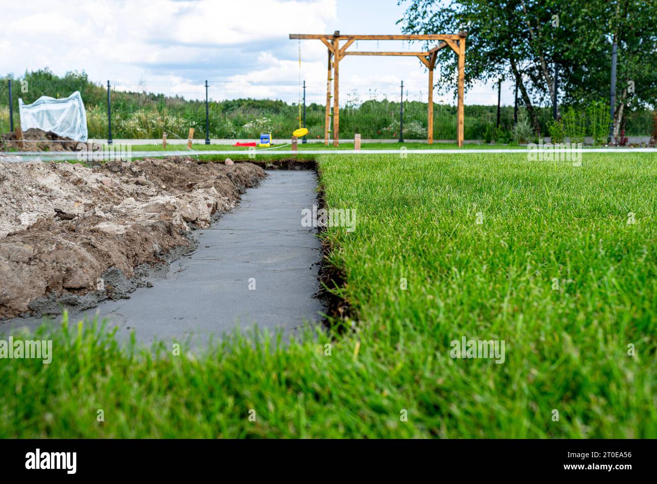 Foundation footings poured in a ditch in the yard, building a terrace ...