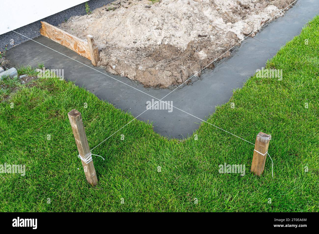 Foundation footings poured in a ditch in the yard, building a terrace ...