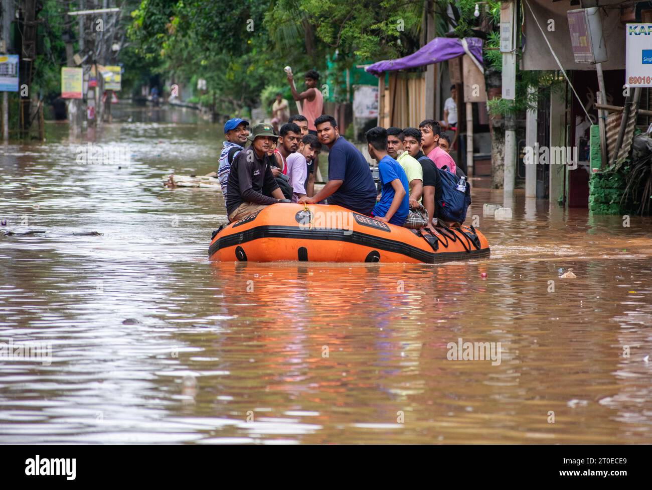 National Disaster Response Force (NDRF) personnel rescue people from waterlogged area, after ...