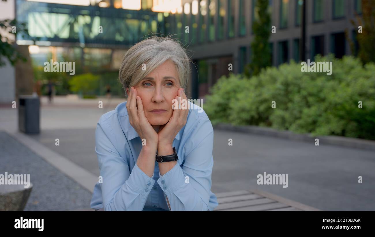 Upset pensive sad worried old woman Caucasian senior businesswoman ...