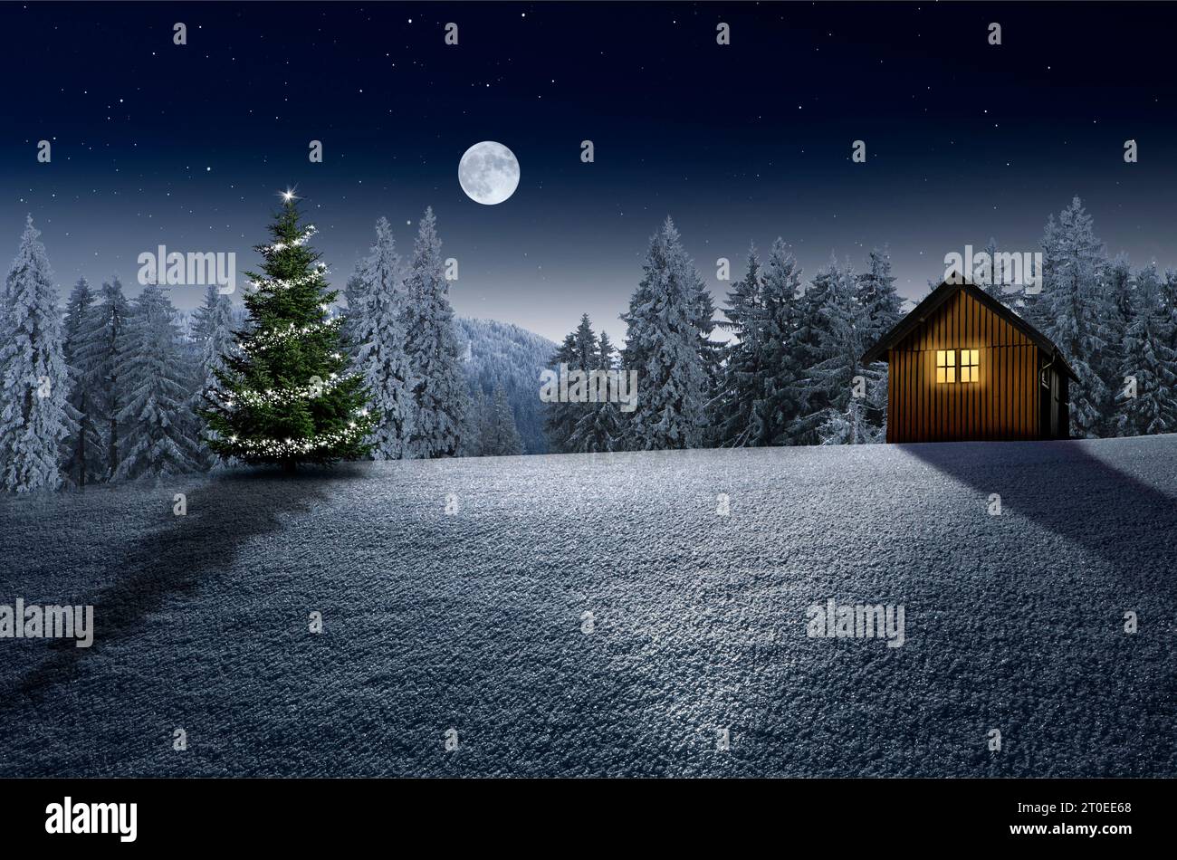 Christmas hut with lighted window in a snowy winter landscape Stock ...