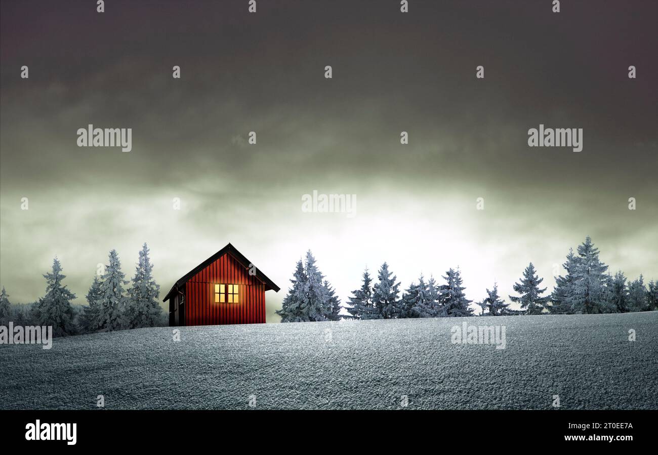 Christmas hut with lighted window in a snowy winter landscape Stock ...