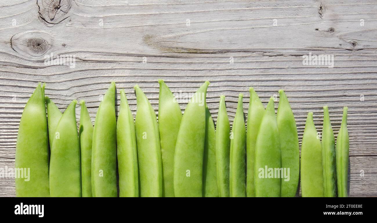 Snap peas on wood background or table. Many fresh green pea pod shells ...