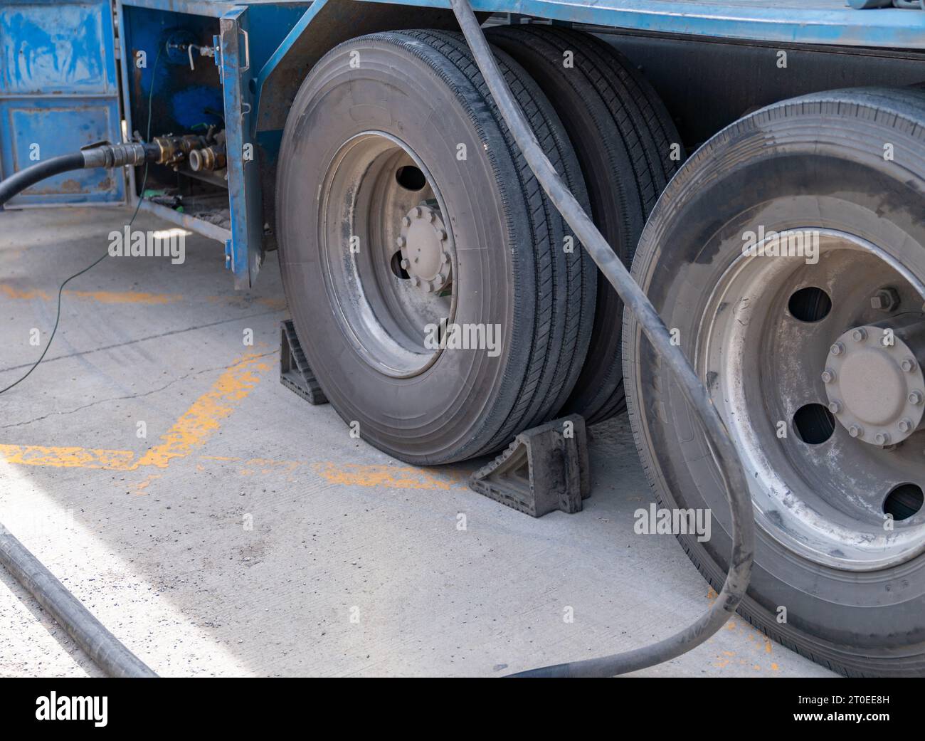 Rubber stopper plate on wheel for safety during load LPG gas from truck ...