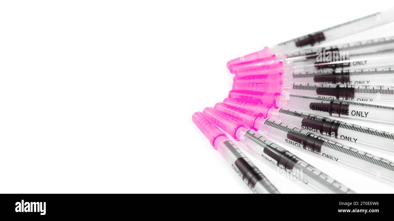 Group of slip tip syringes 1ml, top view. Isolated single use syringes ...