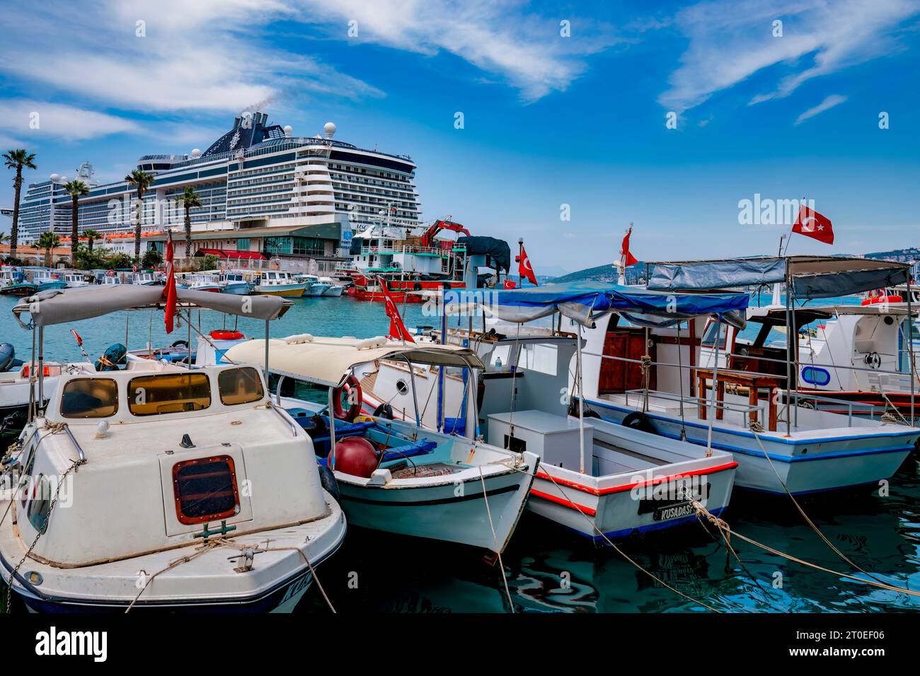 Fishing boats, fishing port and cruise terminal, Kusadasi, Aydin ...