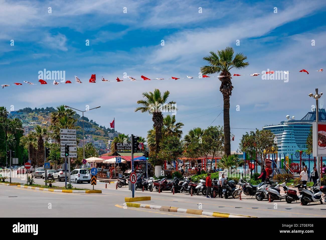 Main street, city center and port for cruise in Kusadasi, Aydin, Turkey ...