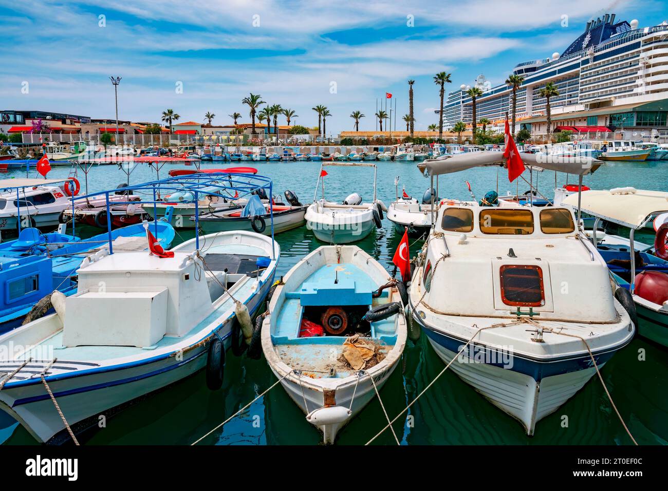 Fishing boats, fishing port and cruise terminal, Kusadasi, Aydin ...