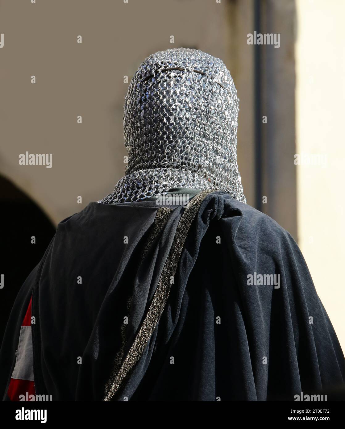 medieval knight with ancient black clothes and metal protection on the ...