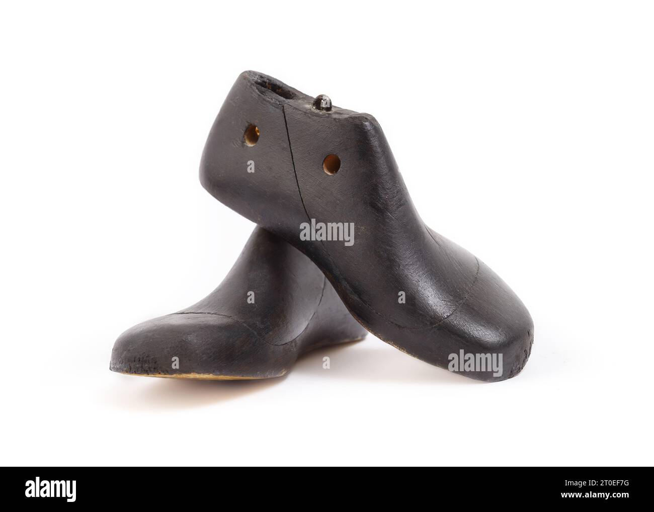 Isolated vintage shoe form child size. Pair of dark wooden cobbler shoe ...