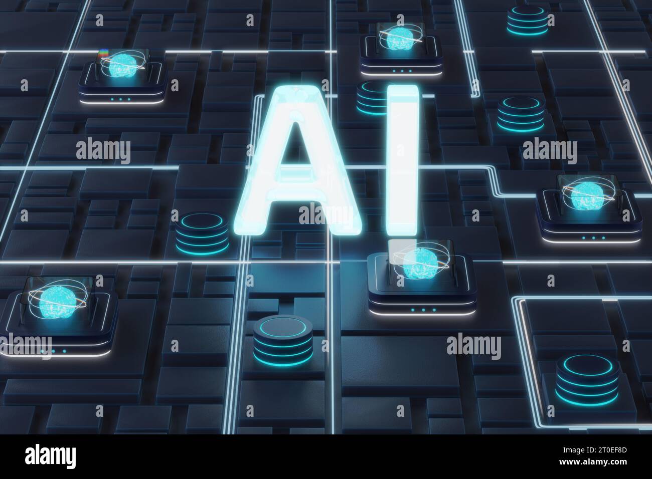 Artificial Intelligence AI concept. Rendering of a 3d text with neural ...