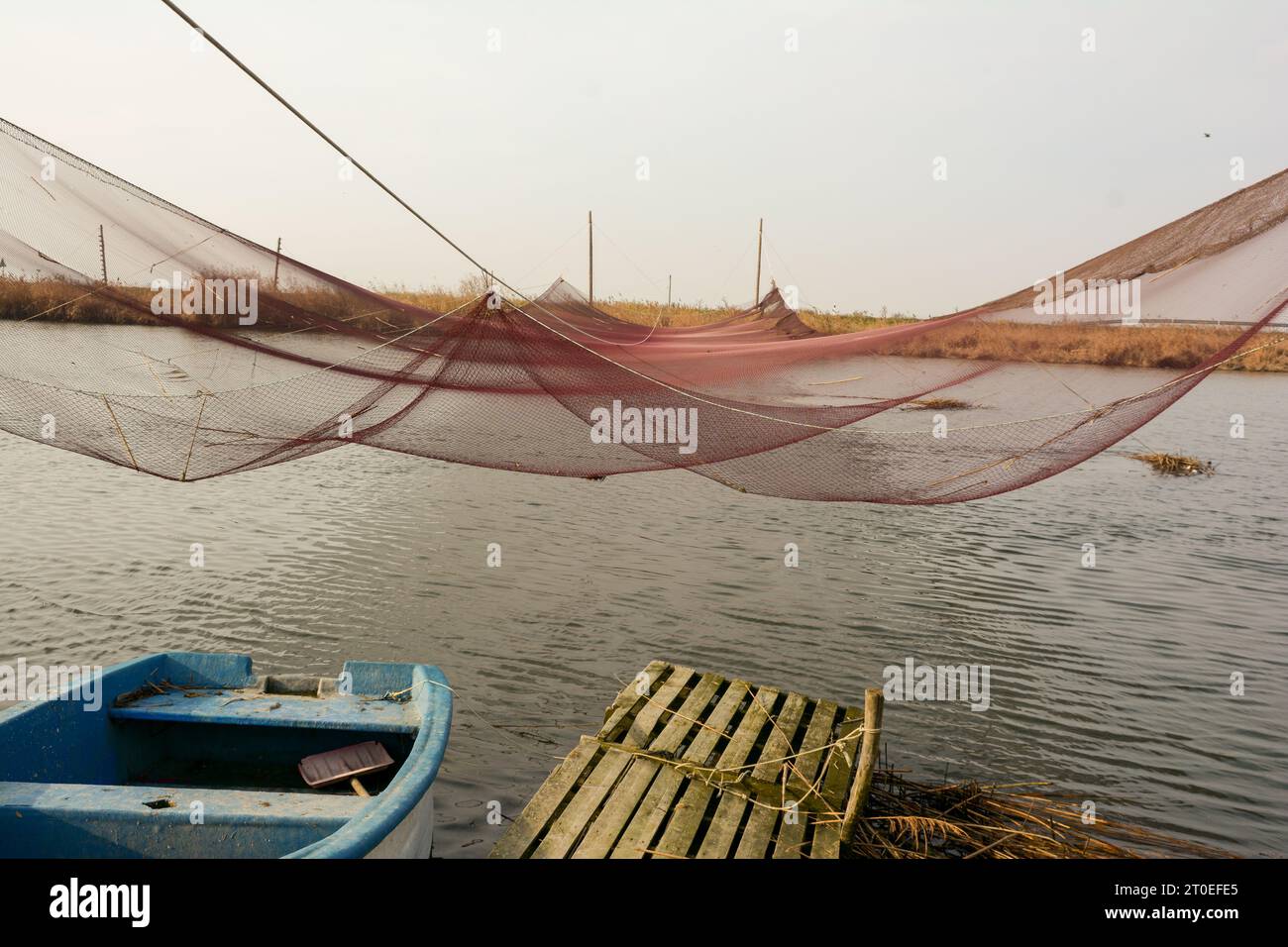 A wooden dock jutting out into a tranquil blue body of water, with a ...