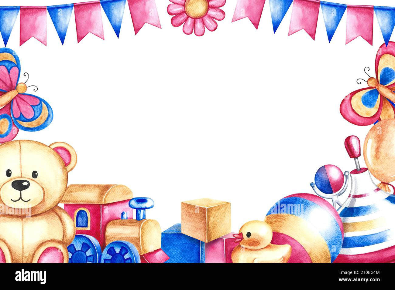 A frame with children's toys. A ball and a spinning top, cubes and a ...