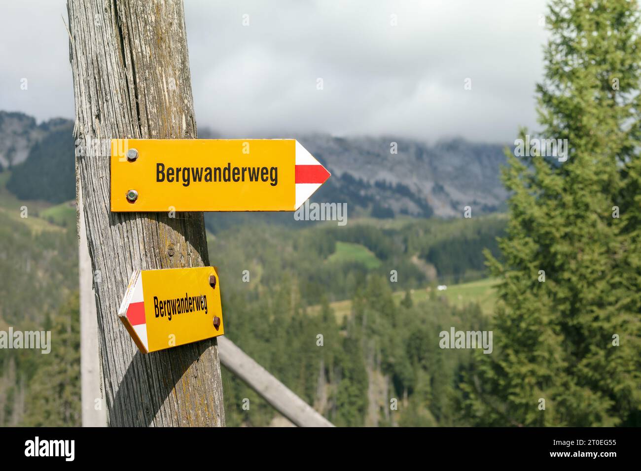 Alpine hiking sign in Switzerland. Directional yellow arrow signage ...