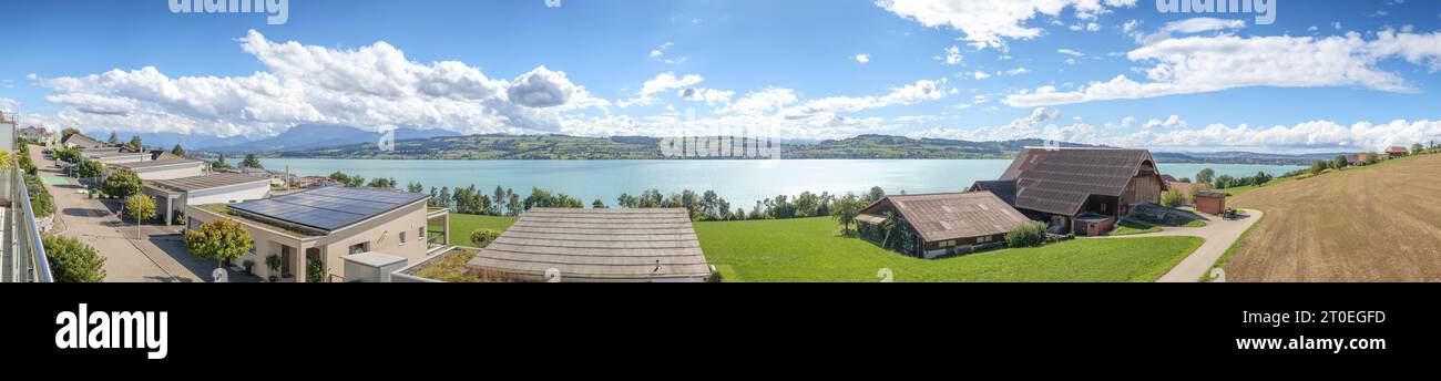 Scenic Swiss countryside with lake, panorama. Beautiful touristic ...