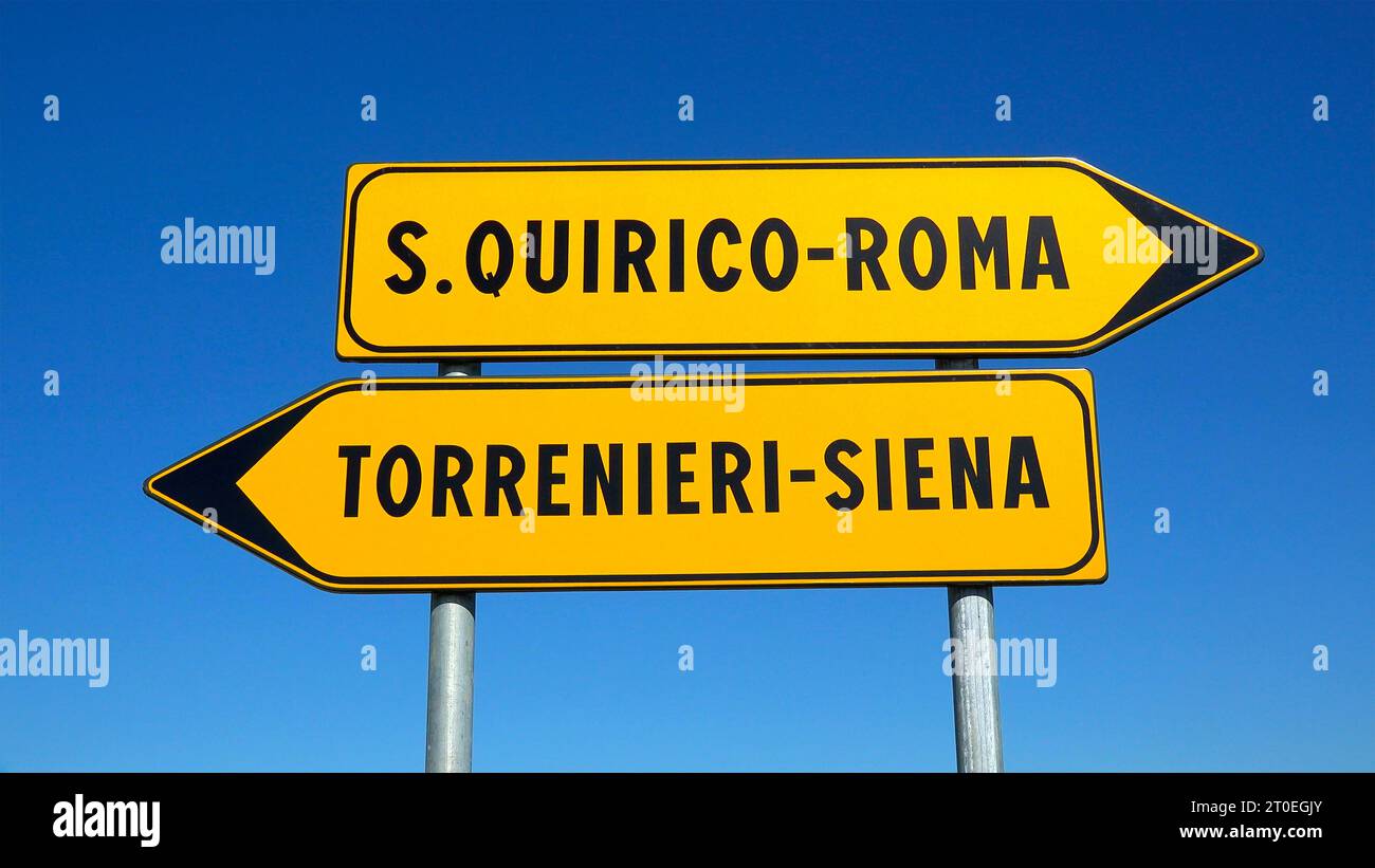 Road signs near San Quirico d'orcia, Orcia Valley, Val d'Orcia, Siena ...