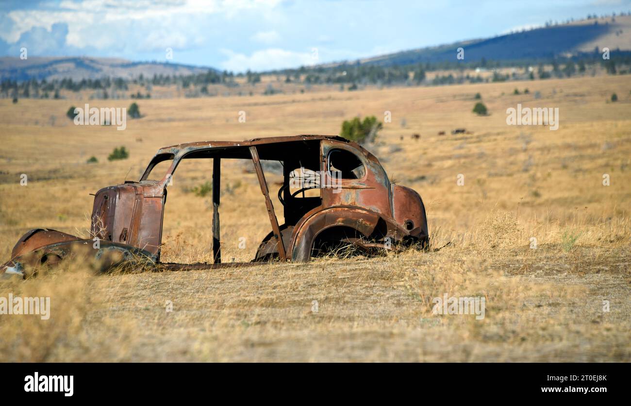 Remains of an old auto rusts on the Central Plains of Oregon. Frame is ...