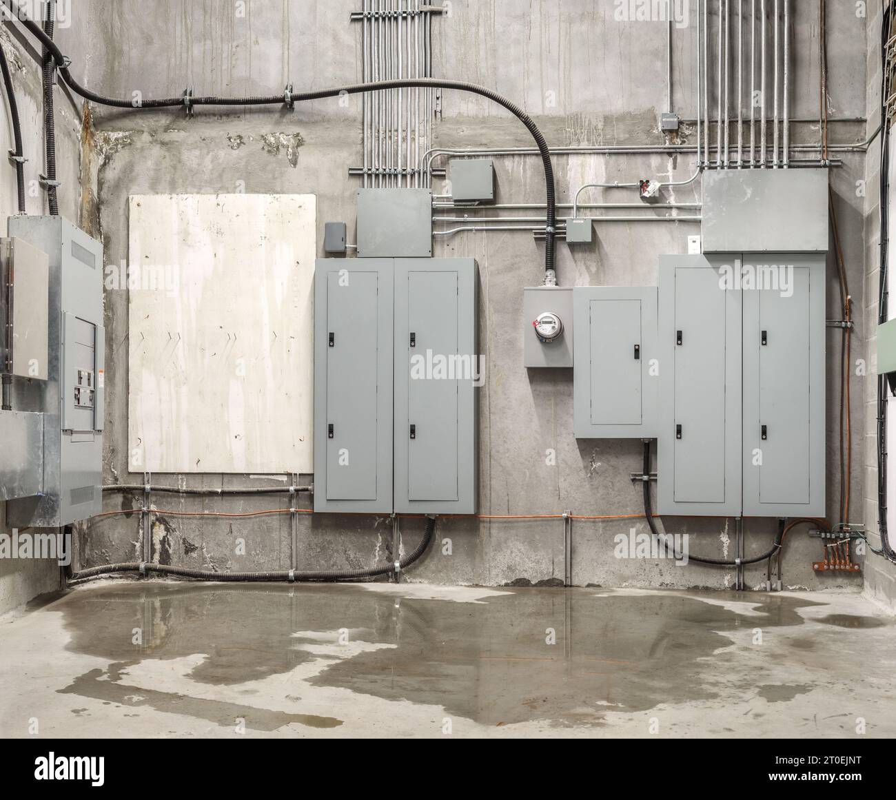 Electrical room with water flooding ground. Below-grade service room or ...