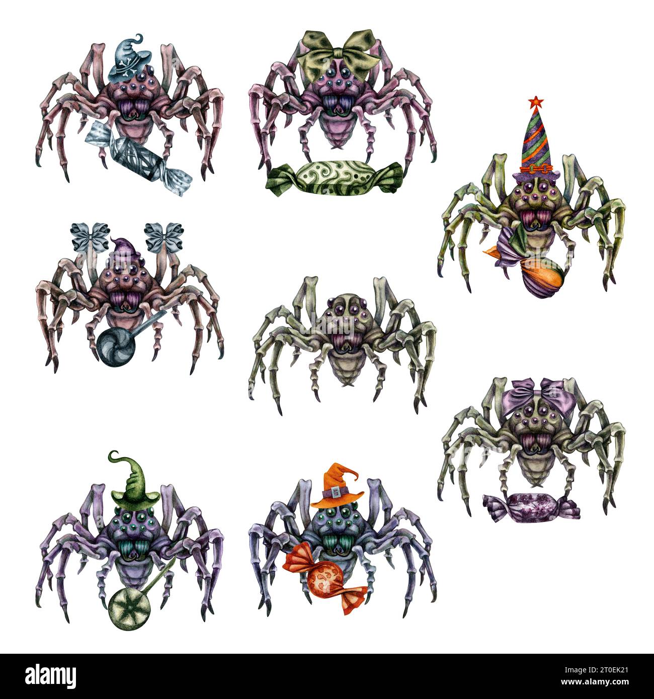 Watercolor fantasy spiders with candy and hat for Halloween Elements ...