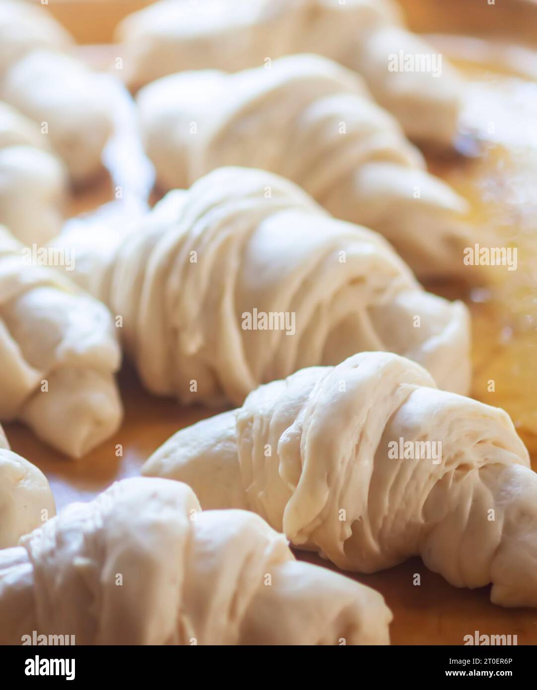Raw croissant rolls in baking process Stock Photo - Alamy